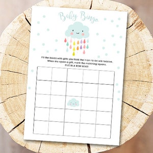 Cloud Baby Shower Bingo Game Cards Raindrops Rain Drops Neutral Shower ...