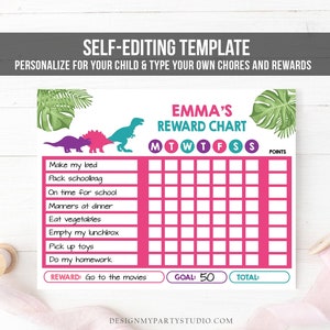 Editable Dinosaur Reward Chart for Girls Printable Dino Chore Chart for ...