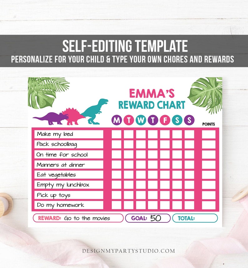 Editable Dinosaur Reward Chart for Girls Printable Dino Chore - Etsy