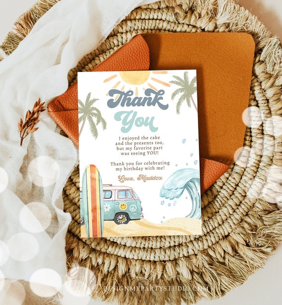 Editable Surf Thank You Card Surfboard 1st Birthday Thank Your Note ...