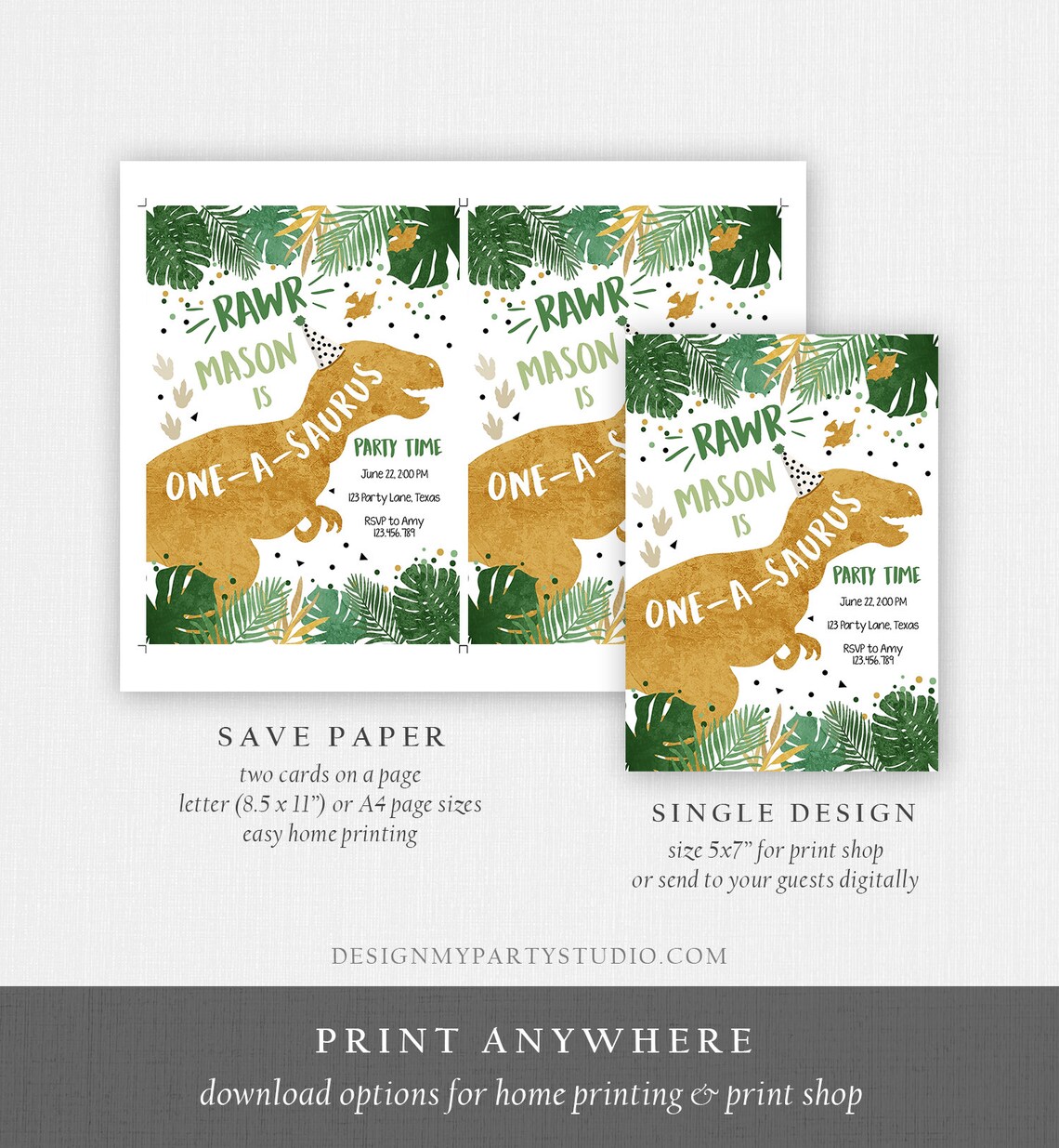 Editable One-a-saurus Dinosaur Birthday Invitation Dino T-rex Boy First ...
