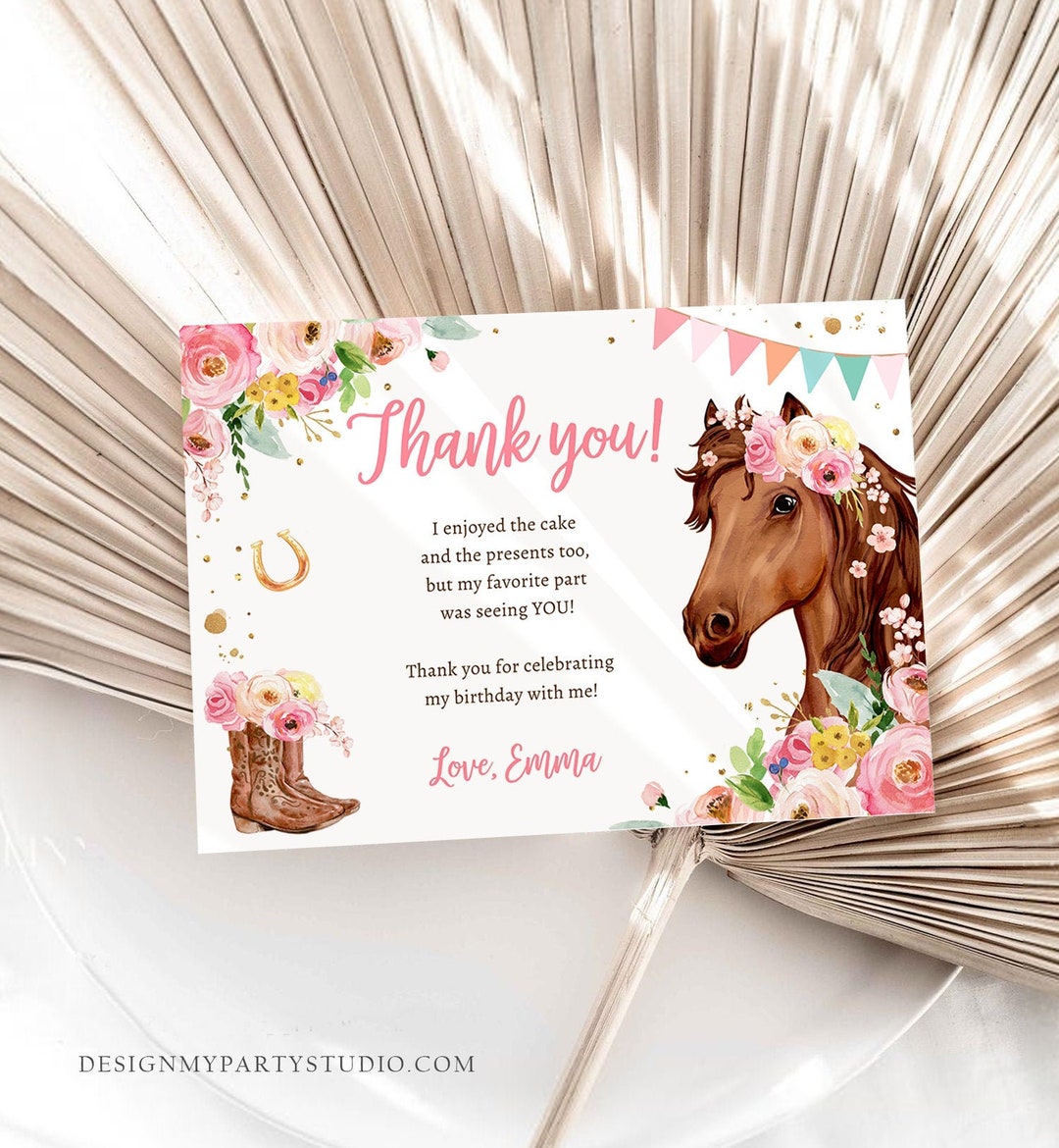 Editable Horse Thank You Card Note Girl Birthday Party Cowgirl ...