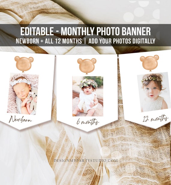 Editable Bear First Birthday Banner Monthly Photo Banner Modern Bear ...