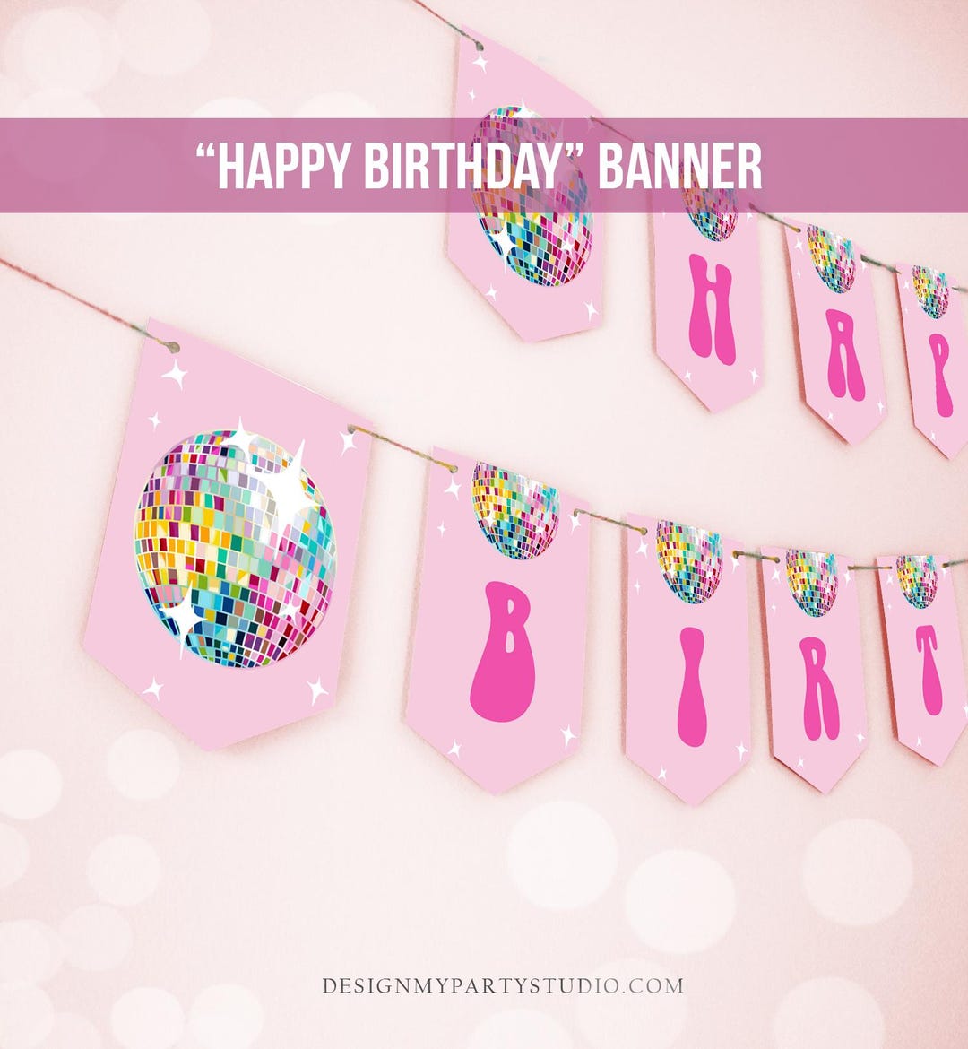 Happy Birthday Banner Disco Ball Birthday Banner Girl Pink Let's Disco ...