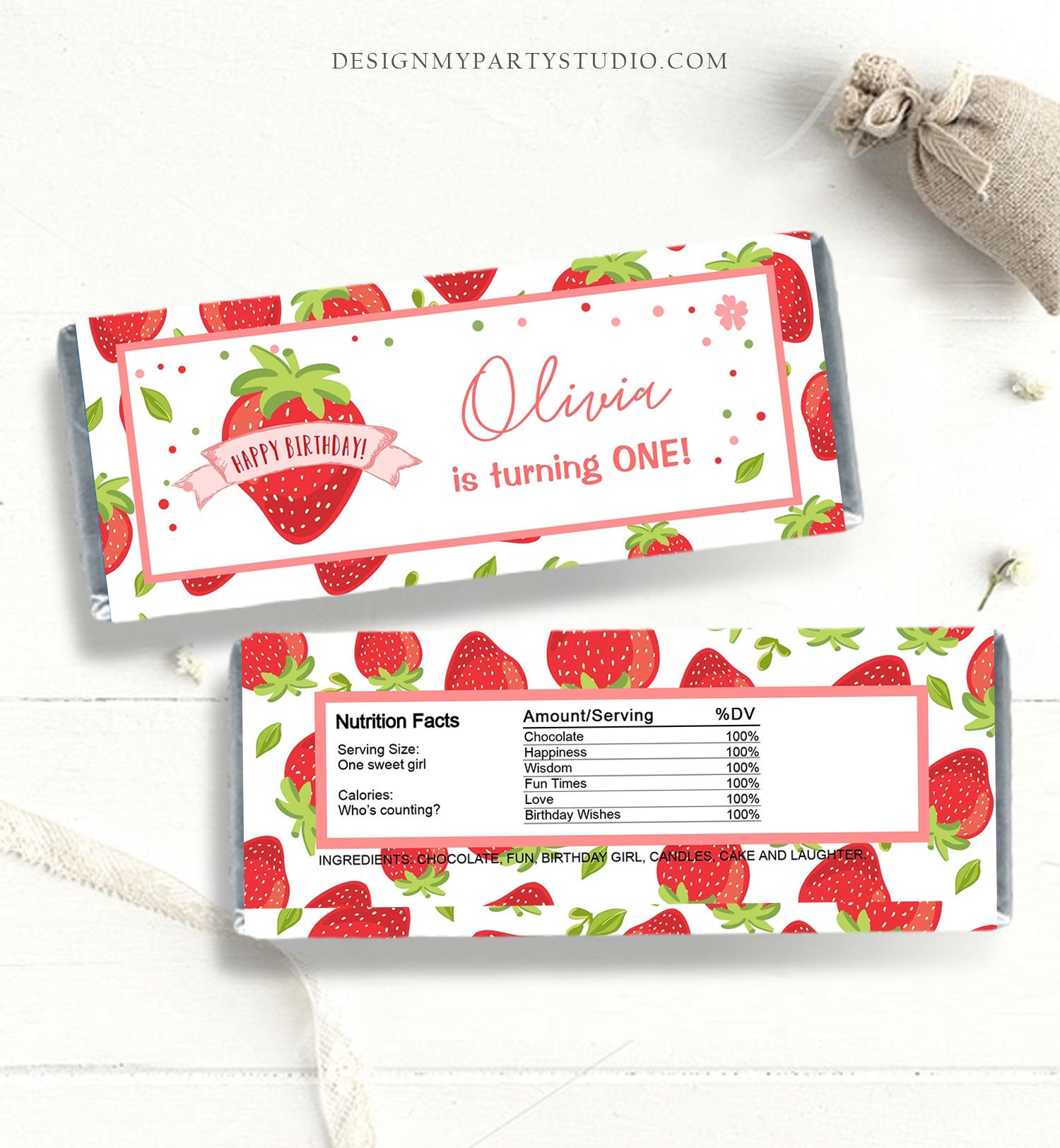 Editable Candy Bar Wrapper Strawberry Birthday Candy Bar - Etsy
