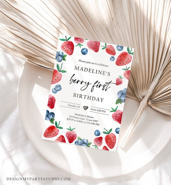 Editable Berry Sweet Birthday Invitation Blueberry Strawberry Picking ...