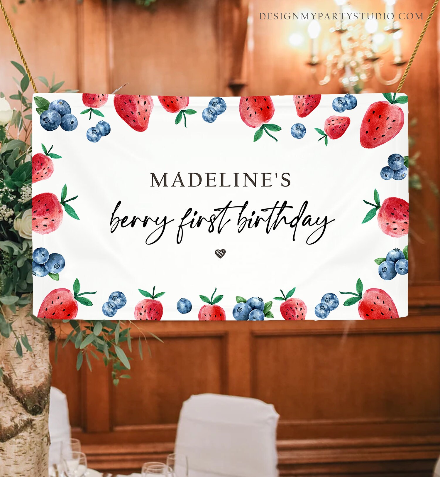 Editable Strawberry Blueberry Backdrop Banner Berry First Birthday Girl ...