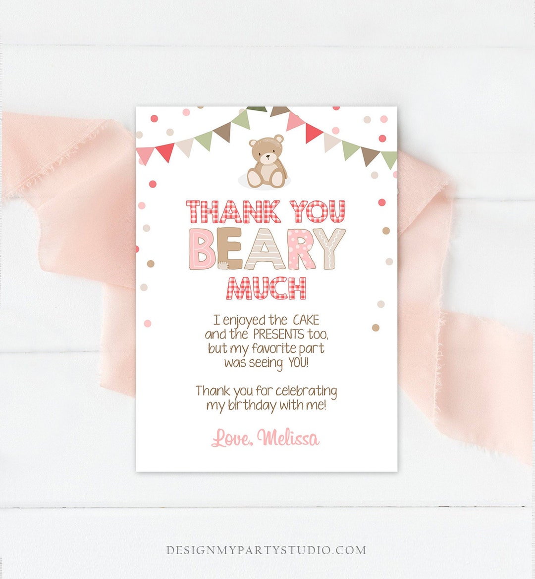 Editable Teddy Bear Thank You Card Birthday Picnic Beary Much Girl Pink ...