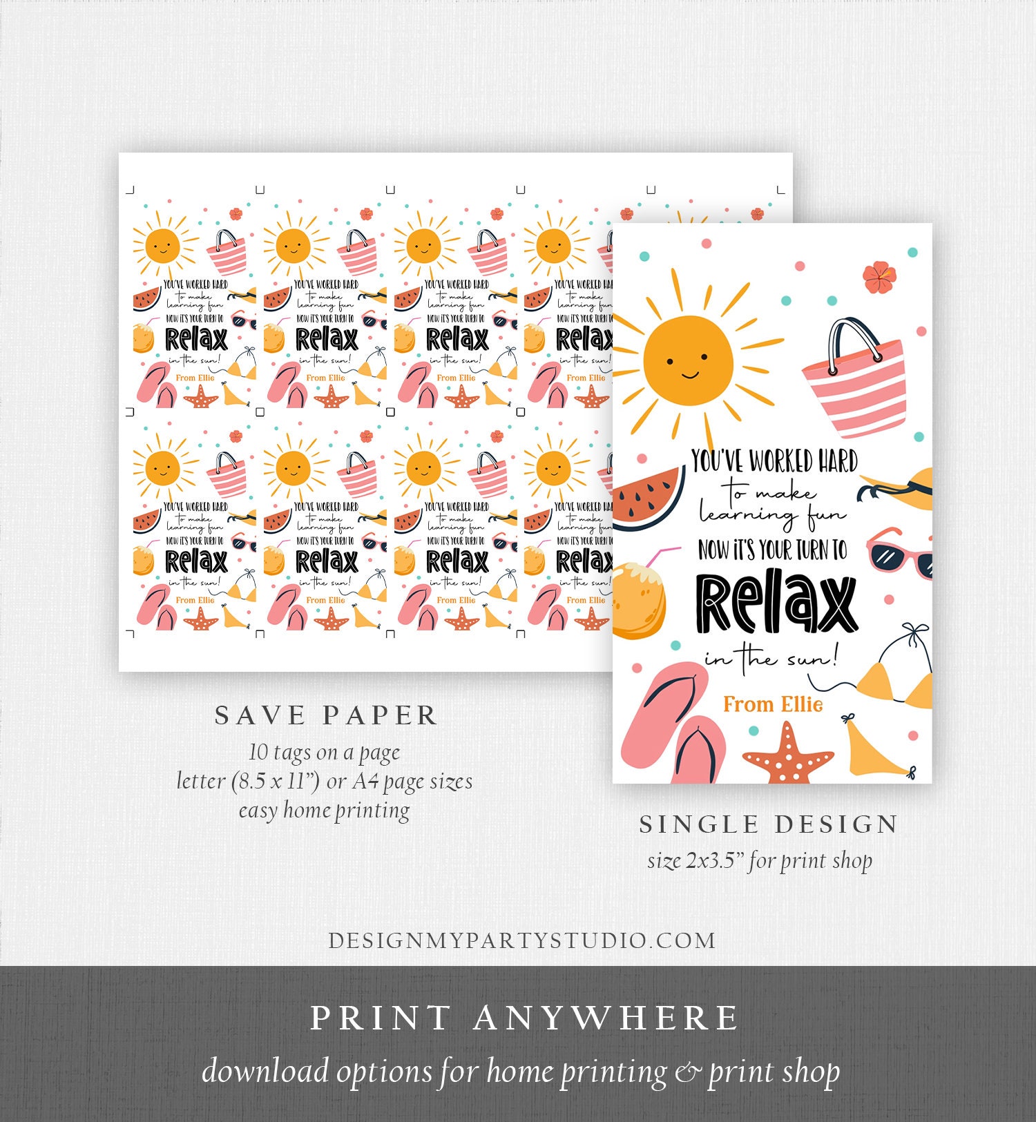 Editable Summer Teacher Appreciation Gift Tag Kids Your Turn to Relax ...