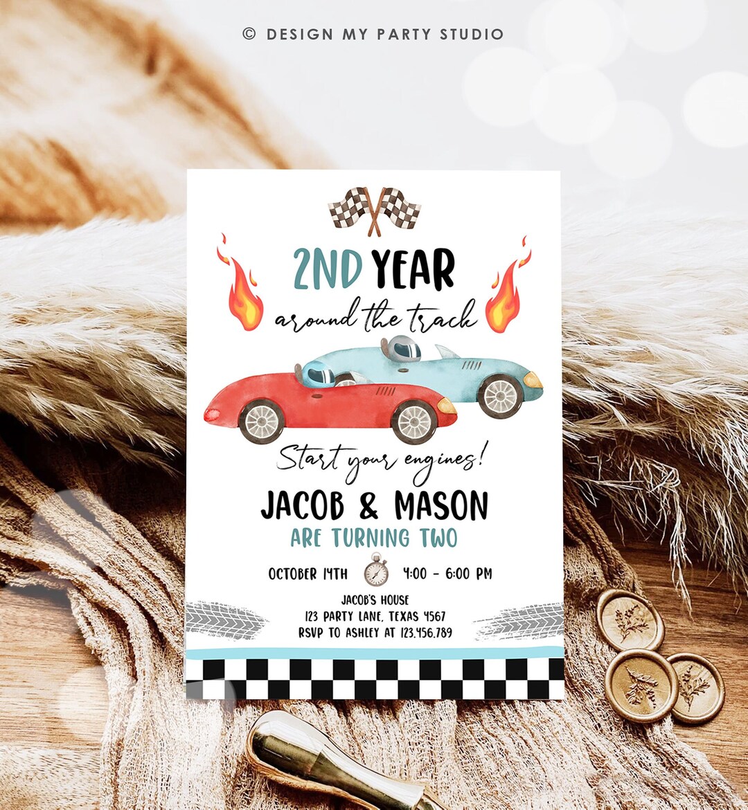 Editable 2nd Year Around the Track Birthday Invitation Blue Two Fast ...