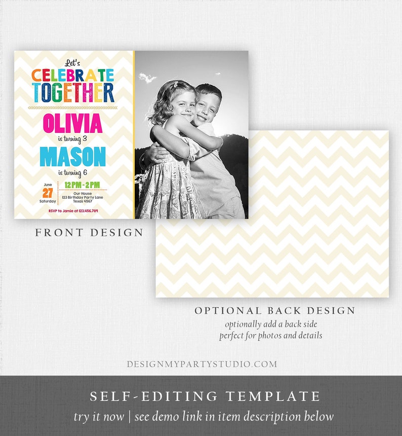 Editable Siblings Birthday Invitation Twins Birthday Party - Etsy