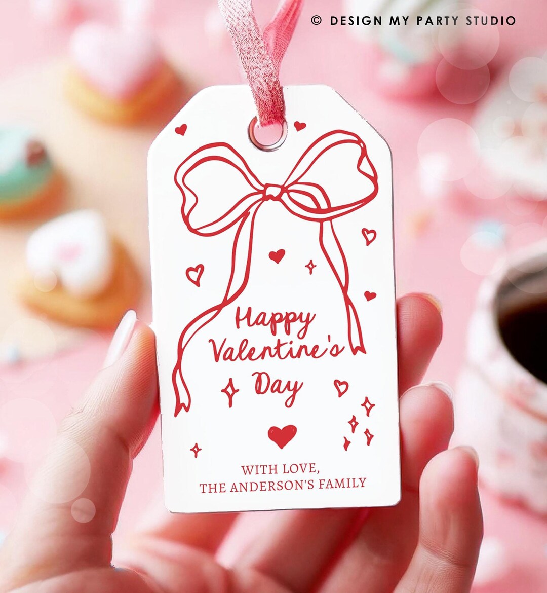 Editable Valentine's Day Tag Pink Red Bow Valentine Gift Tag Doodle ...