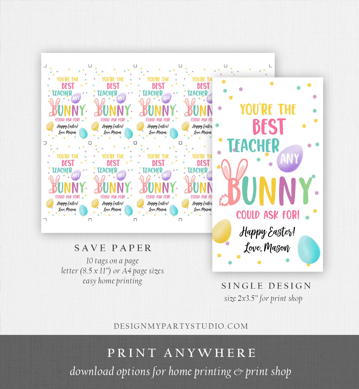Editable Teacher Gift Tags Easter You're the Best Teacher Any Bunny ...