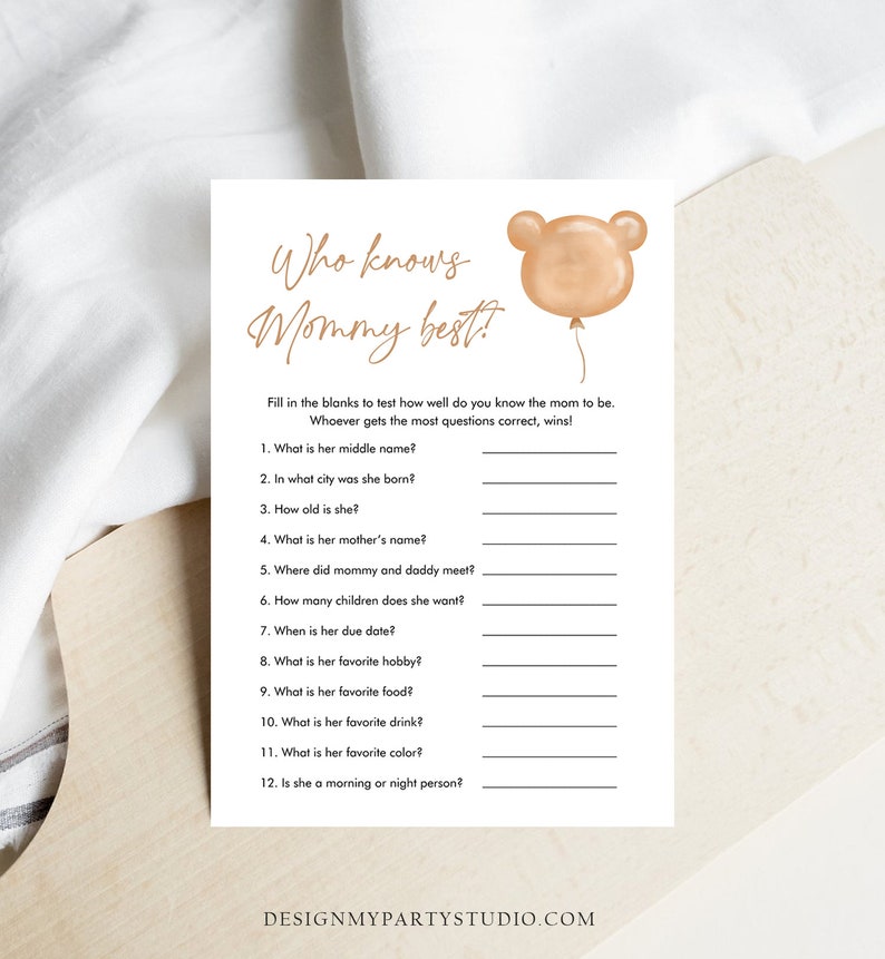 Editable Who Knows Mommy Best Baby Shower Game Modern Bear - Etsy