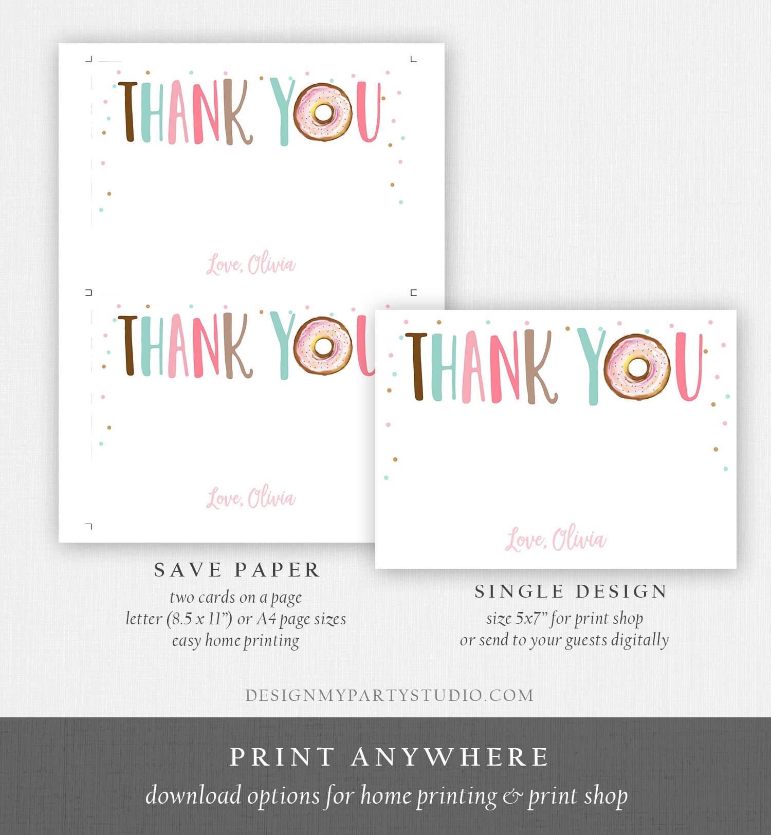 Editable Donut Thank You Card Note Pink Girl Birthday Party Doughnut ...