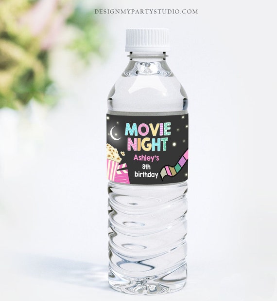 Editable Water Bottle Labels Move Night Girl Birthday Backyard Movie ...