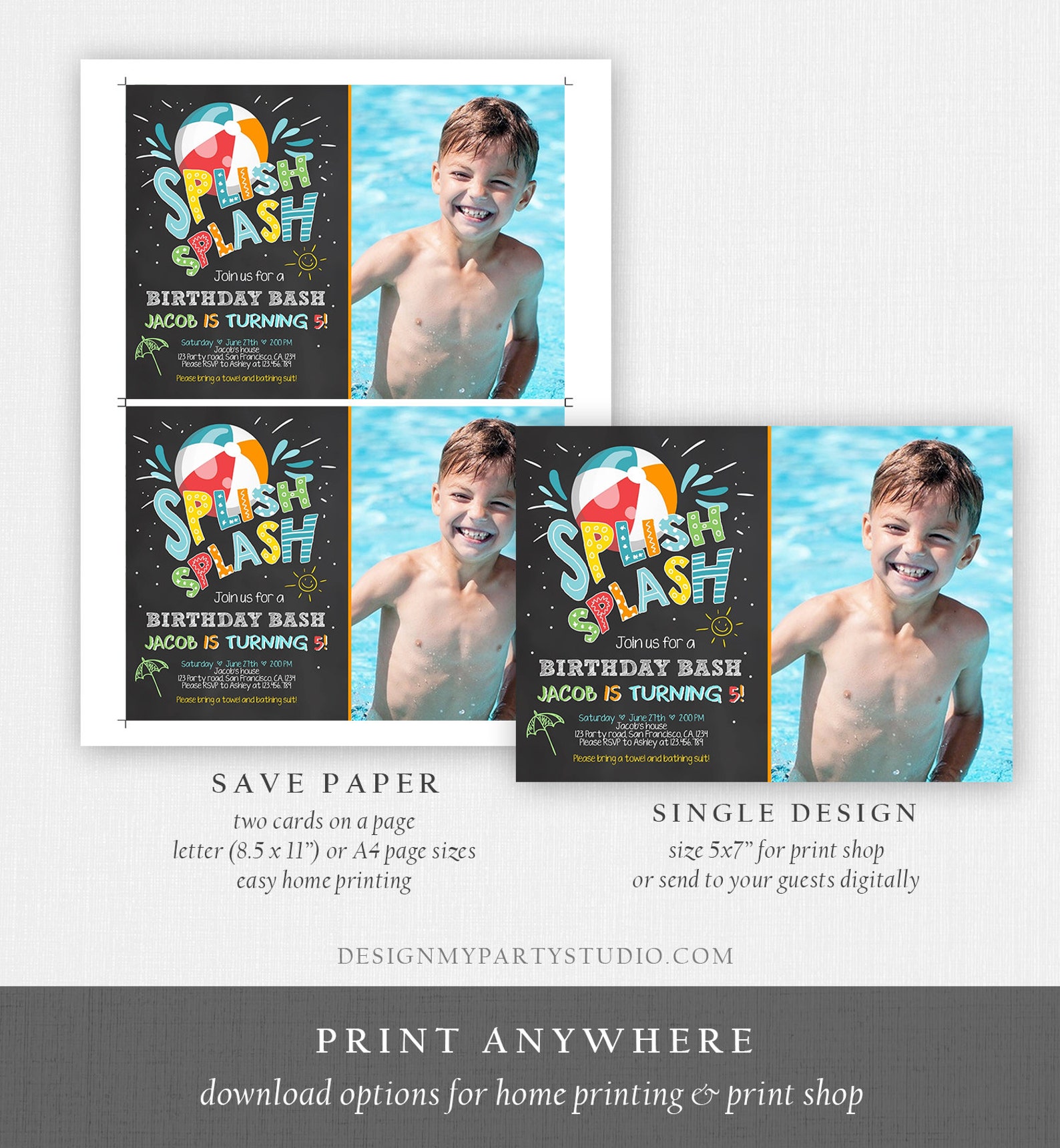Editable Splish Splash Birthday Invitation Pool Party Boy - Etsy