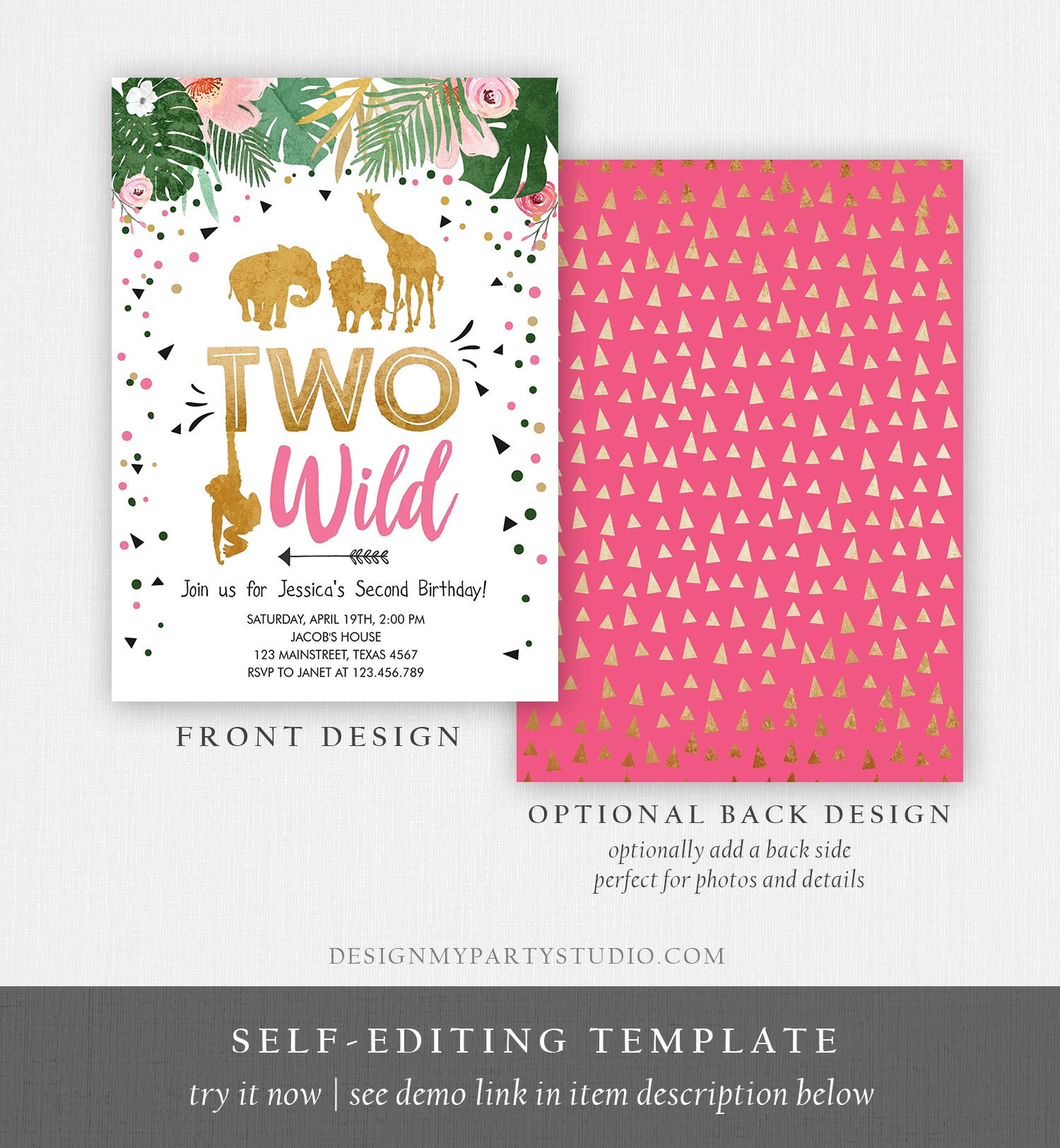 Editable Two Wild Birthday Invitation Safari Animals Jungle | Etsy