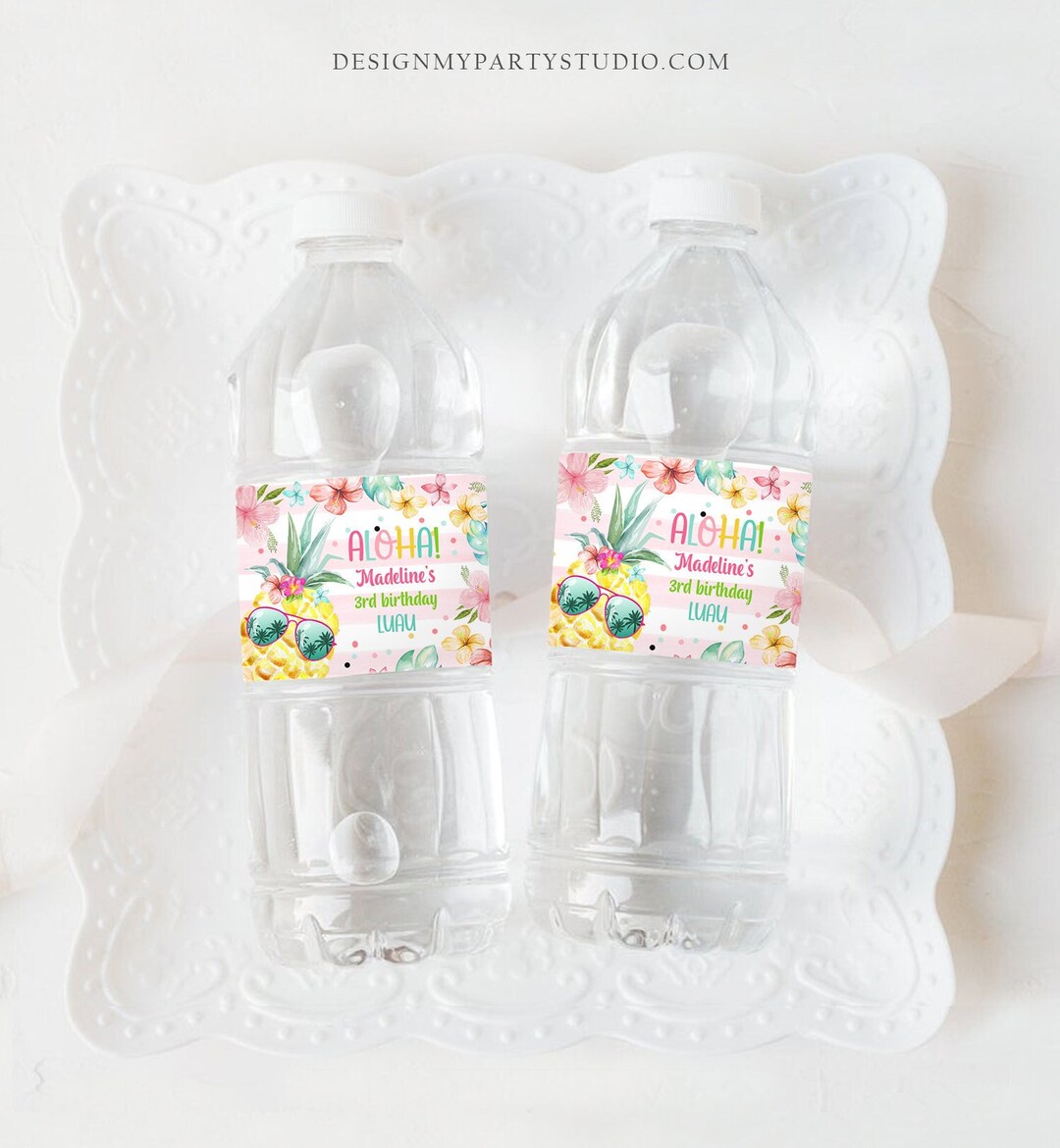 Editable Pineapple Water Bottle Labels Hawaiian Birthday Aloha Tropical ...