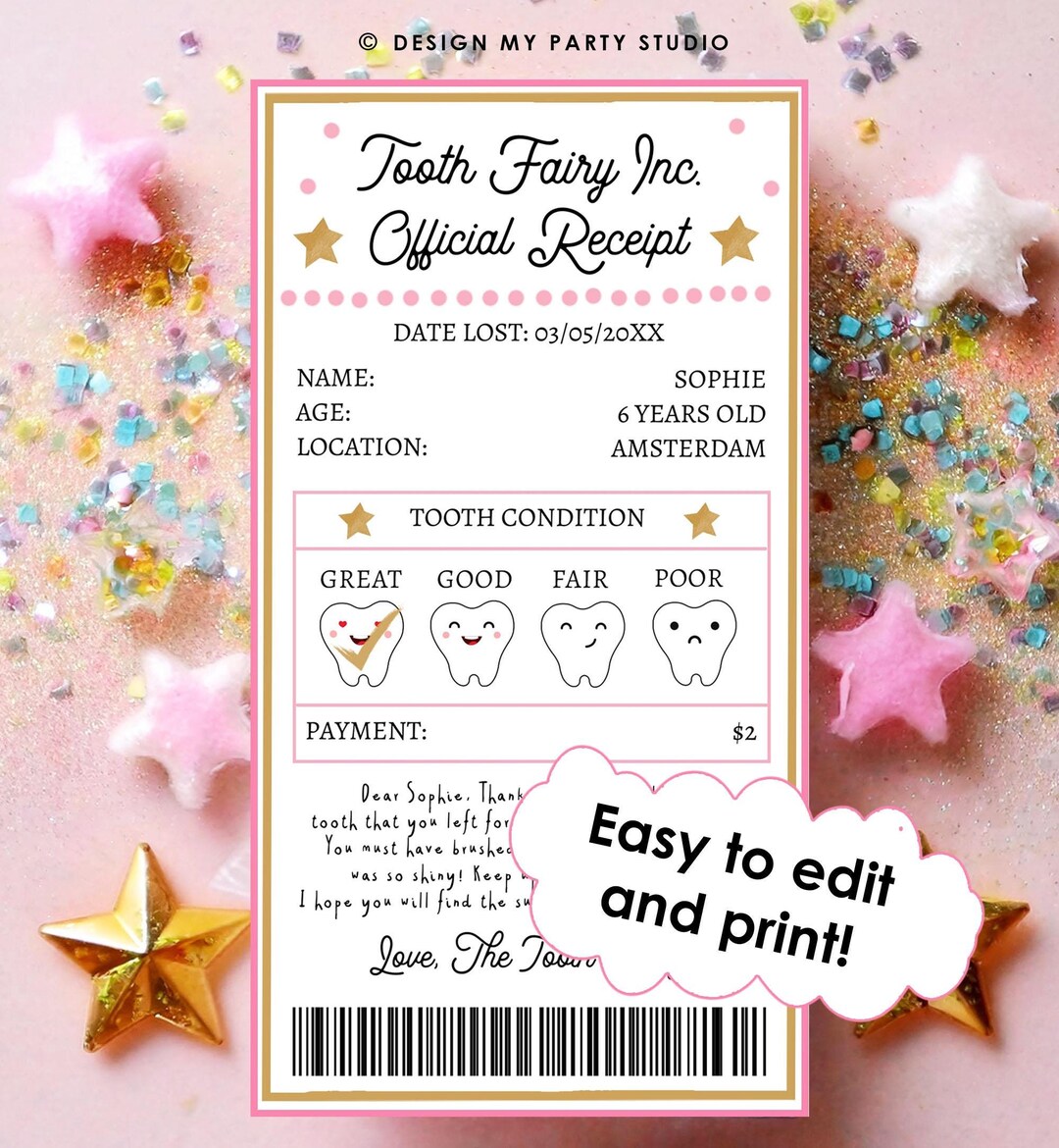 Editable Tooth Fairy Receipt First Lost Tooth Certificate Official ...