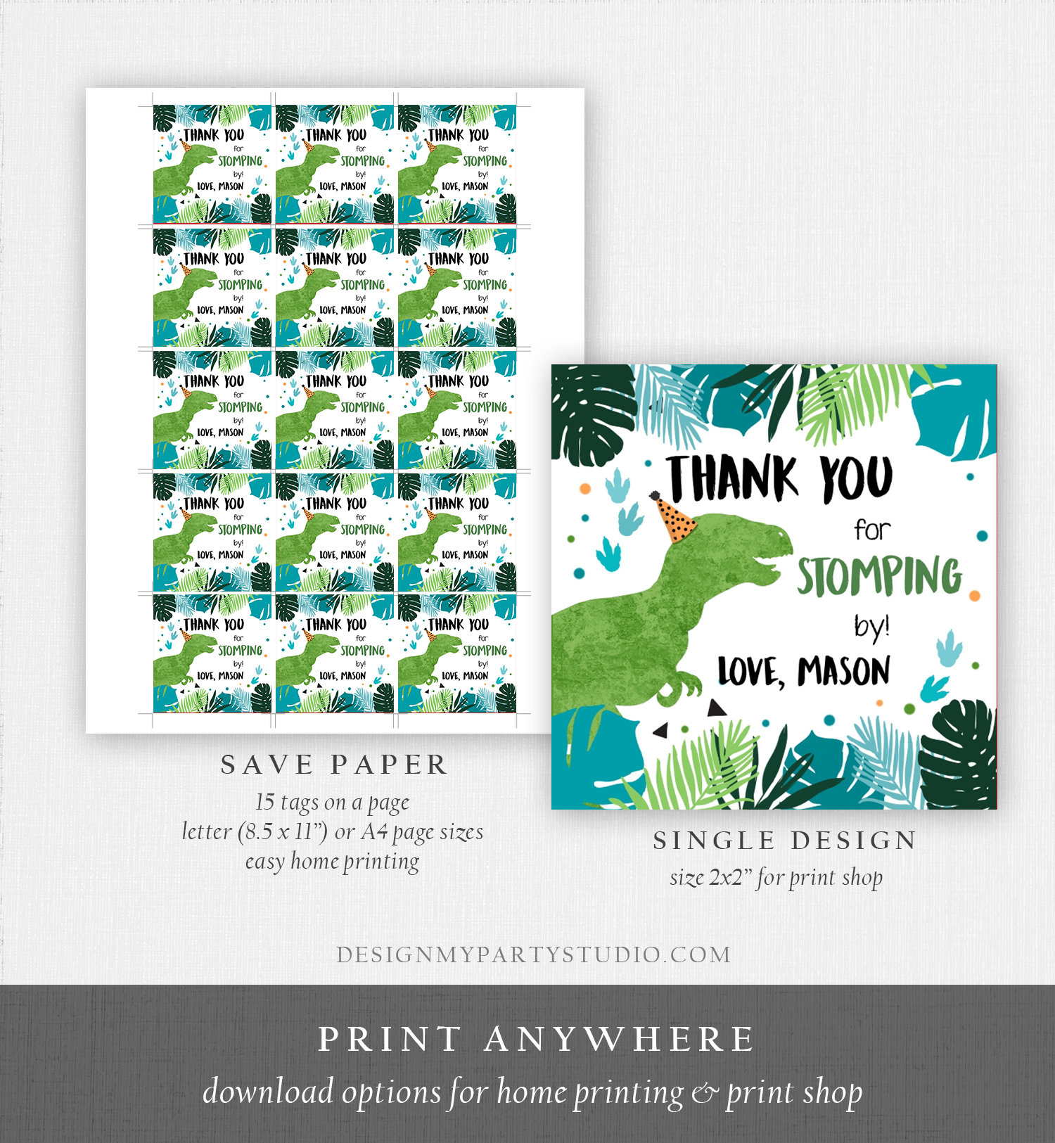 Editable Dinosaur Birthday Favor Tags Gift Tag Boy Green Blue - Etsy