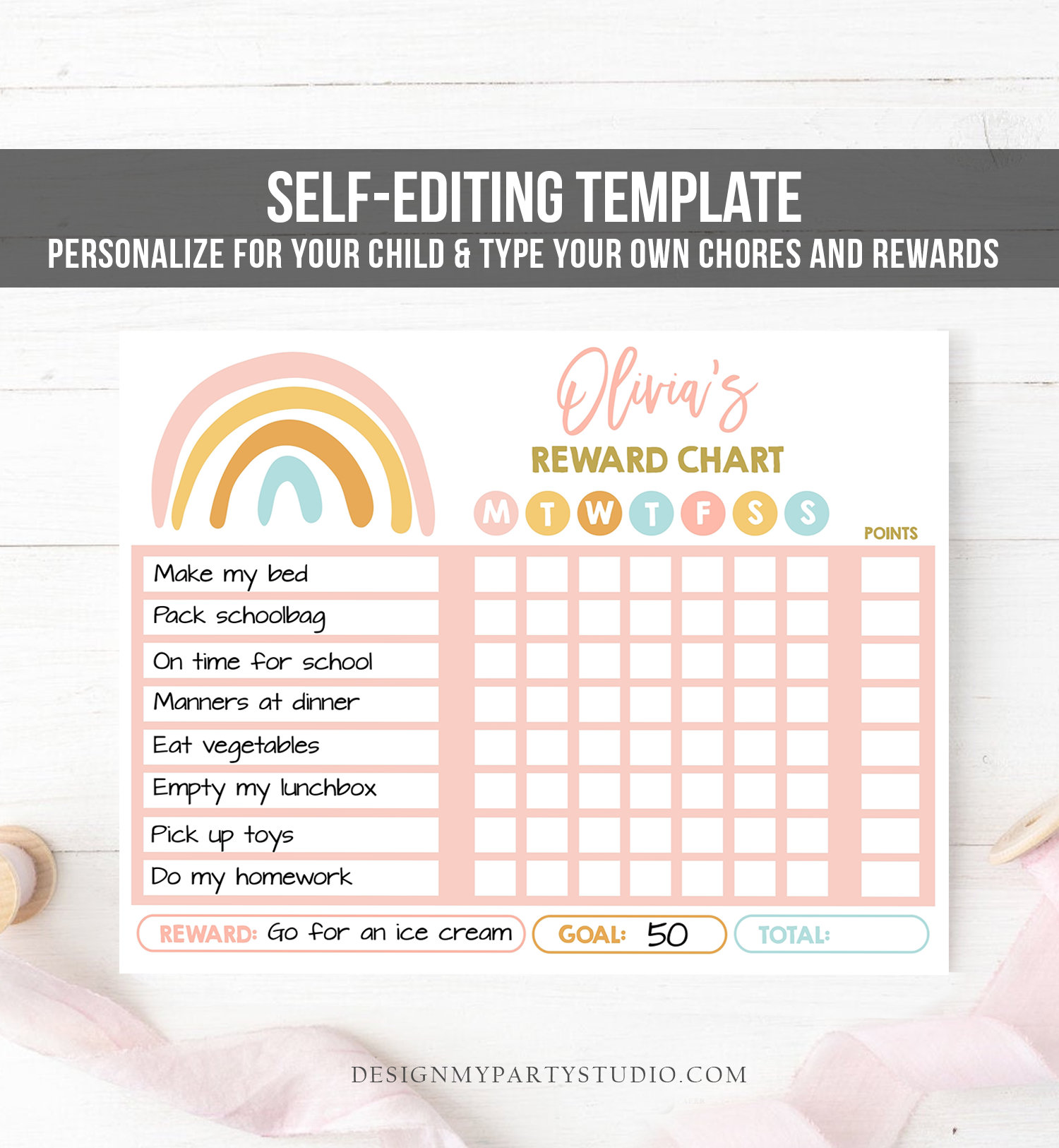Editable Rainbow Reward Chart for Girls Chore Chart for Kids Routine ...