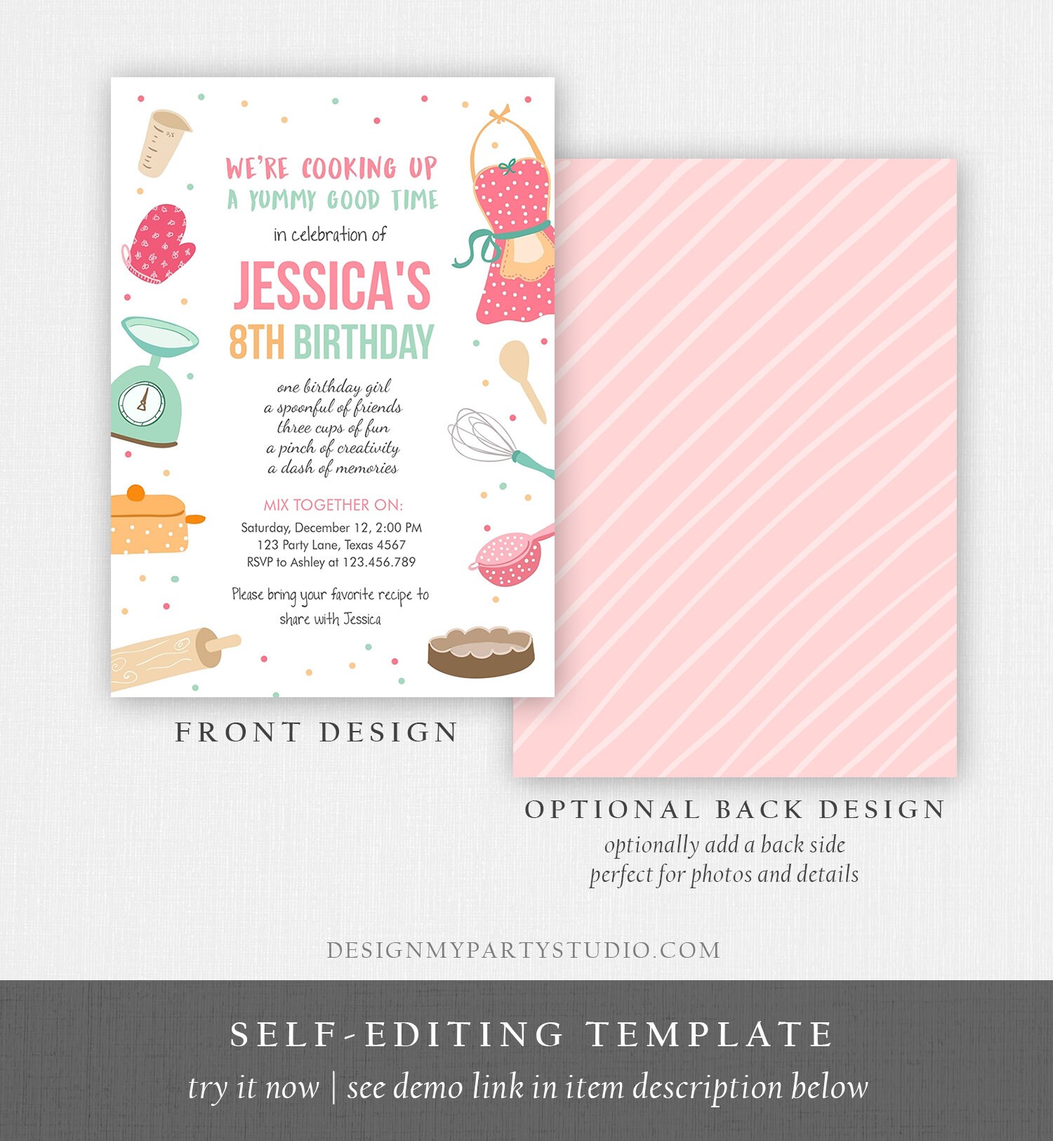 Editable Kids Kitchen Cooking Birthday Invitation Pink Girl - Etsy