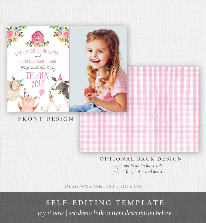 Editable Farm Animals Thank You Card Pink Gingham Farm | Etsy