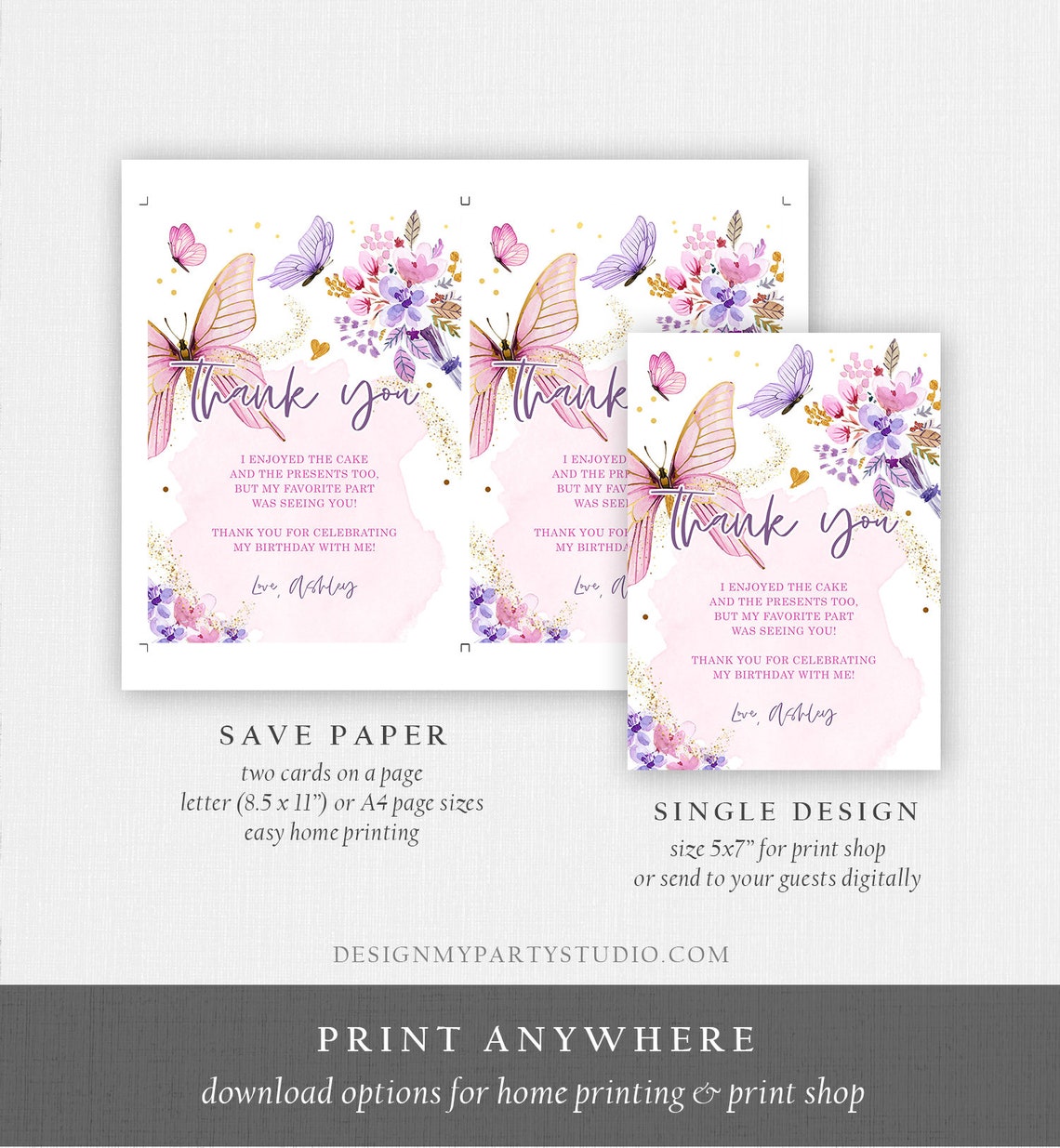Editable Butterfly Thank You Card Girl Butterfly Kisses Thanks - Etsy