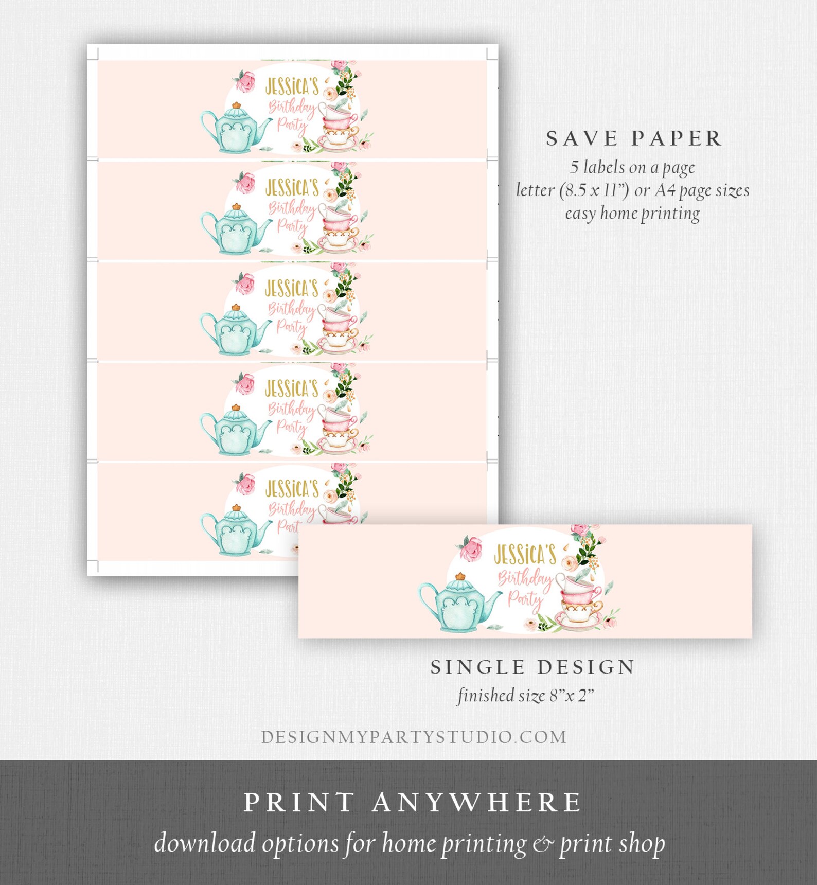 Editable Water Bottle Labels Tea Party Girl Birthday Tea for - Etsy