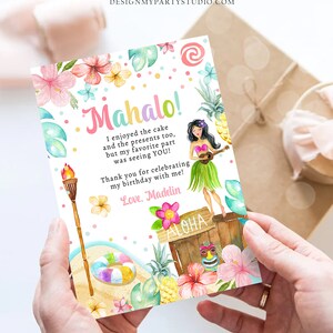 Editable Luau Birthday Thank You Card Girl Hawaiian Birthday Thank You ...