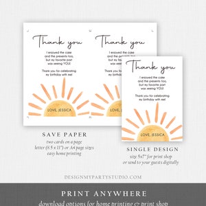 Editable Sun Thank You Card Sun Birthday Party Thank You Note Sunshine ...