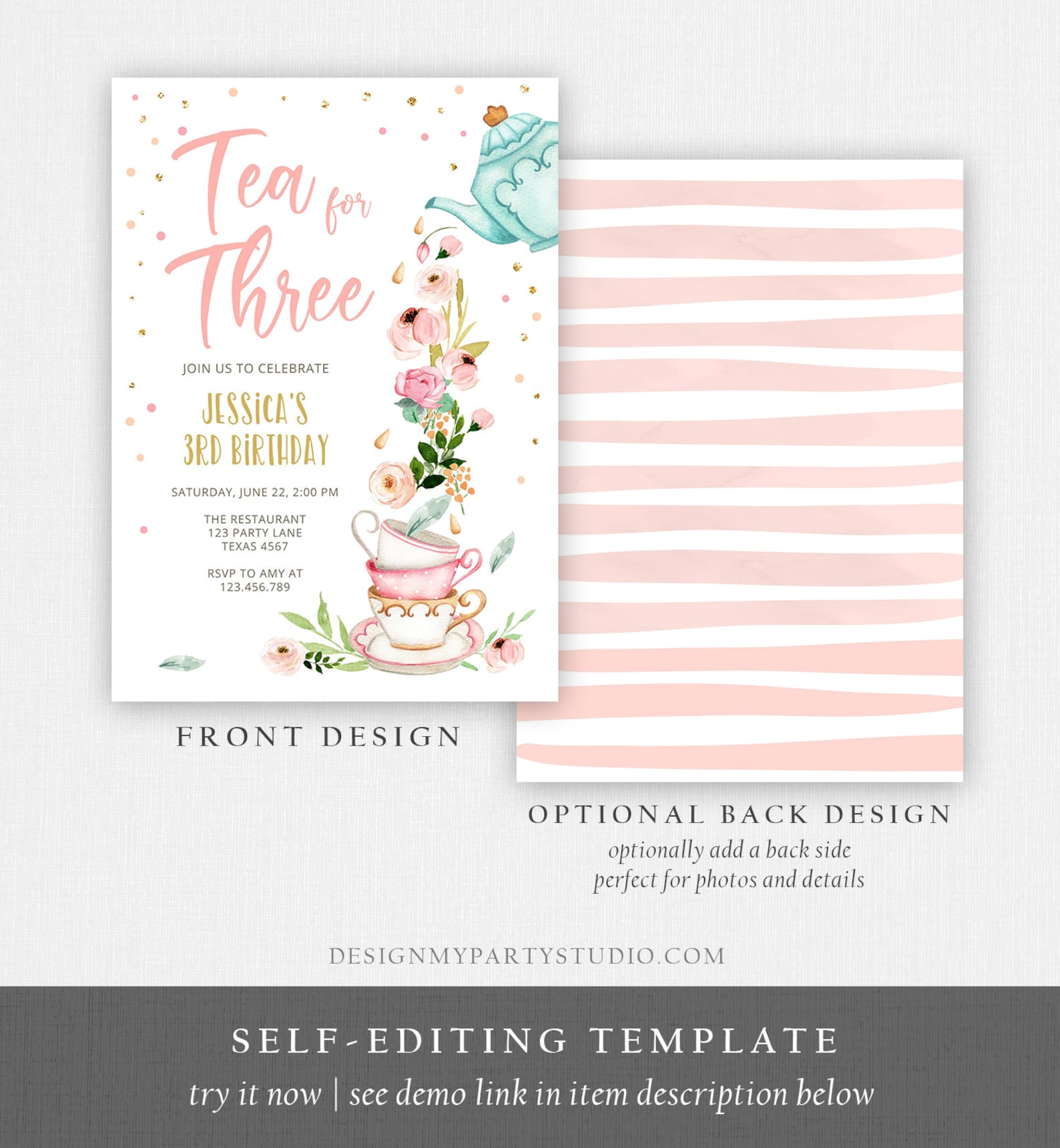 Editable Tea for Three Birthday Invitation Girl Tea Party Invite Pink ...