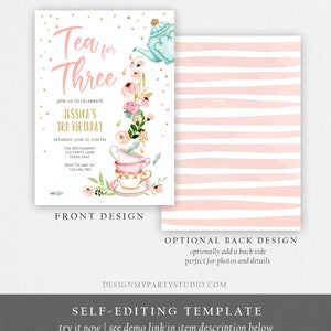 Editable Tea for Three Birthday Invitation Girl Tea Party Invite Pink ...