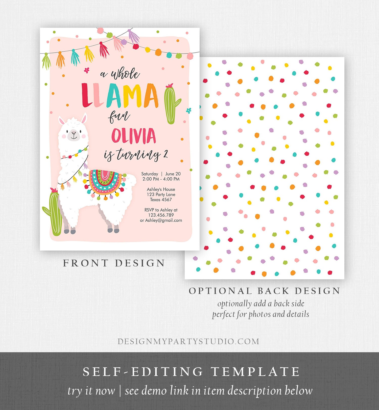 Editable Whole Llama Fun Birthday Invitation Llama Cactus - Etsy