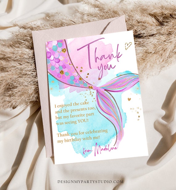 Editable Mermaid Thank You Card Girl Mermaid Birthday Party Thank You ...
