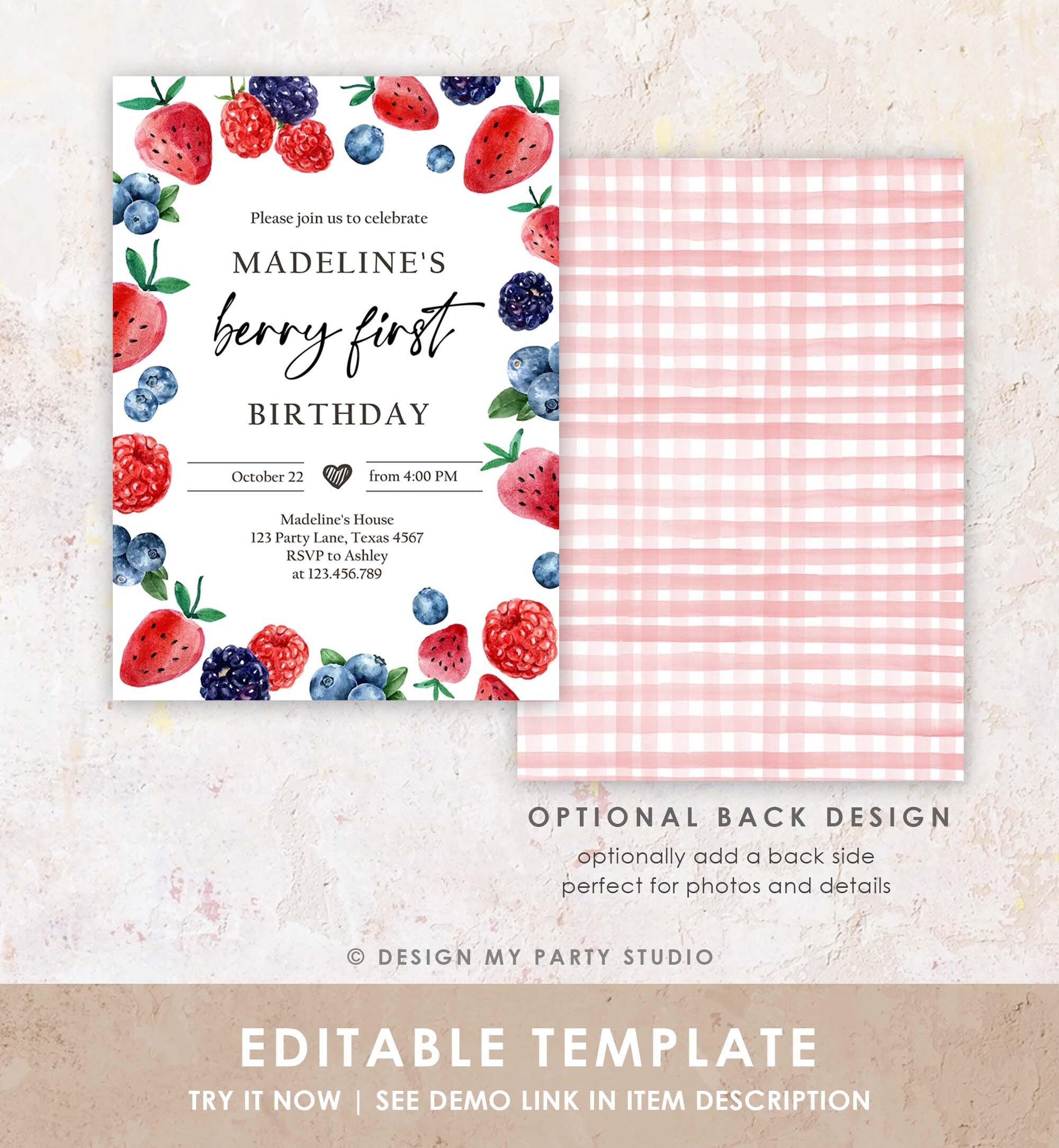 Editable Berry Sweet Birthday Invitation Blueberry Strawberry Raspberry ...