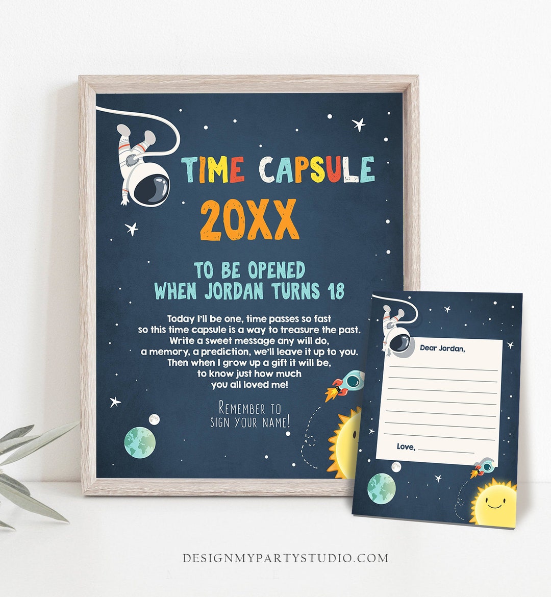 Editable Outer Space Time Capsule First Birthday Party Astronaut Rocket ...