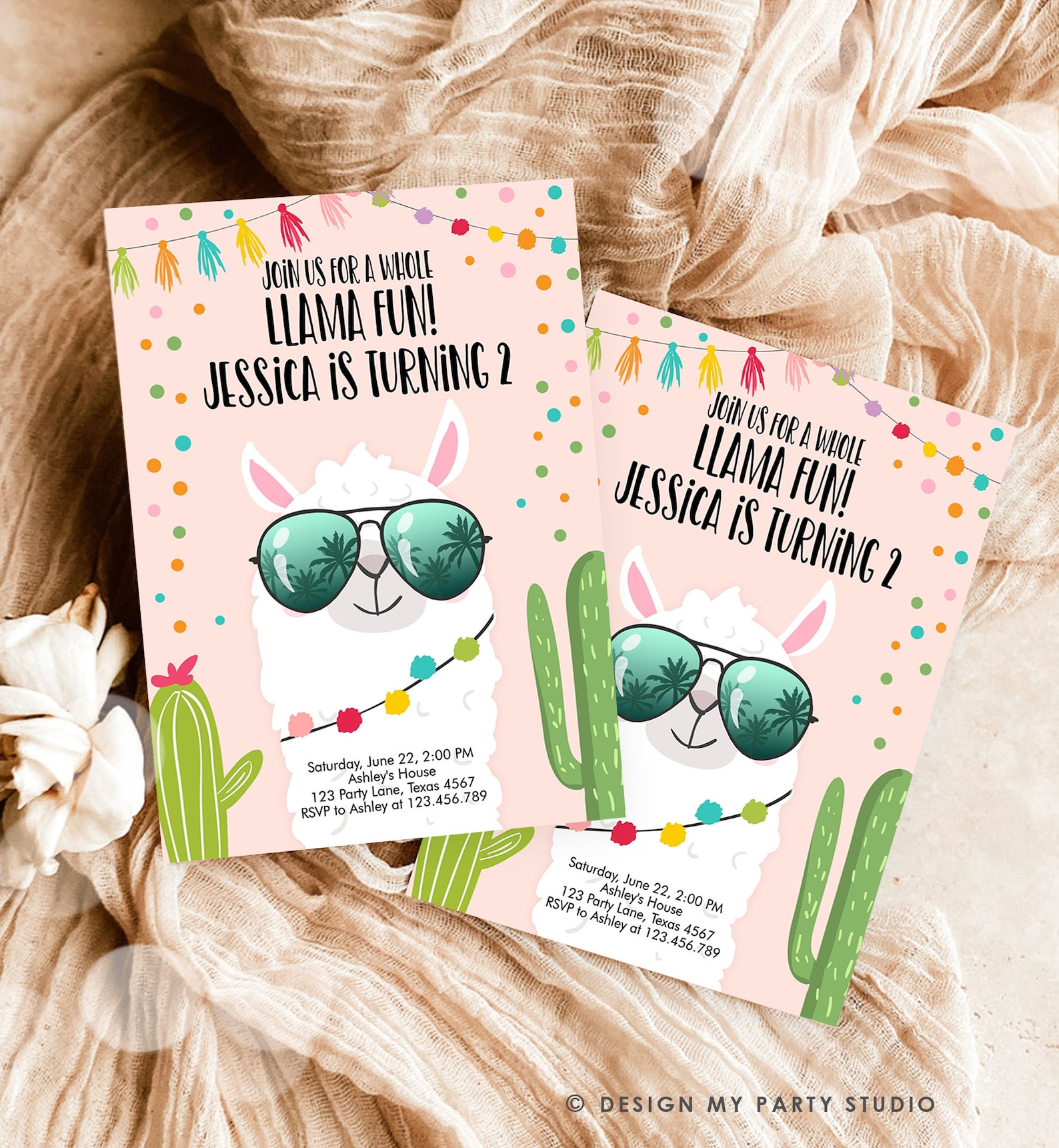 Editable Whole Llama Fun Birthday Invitation Llama Fiesta Cactus ...