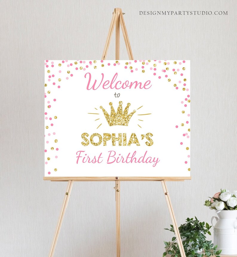 Editable Princess Welcome Sign Girl Pink Gold Confetti First | Etsy