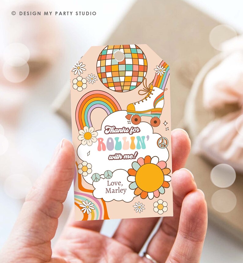 Editable Roller Skate Favor Tag Groovy Retro Birthday Thank You Tags ...