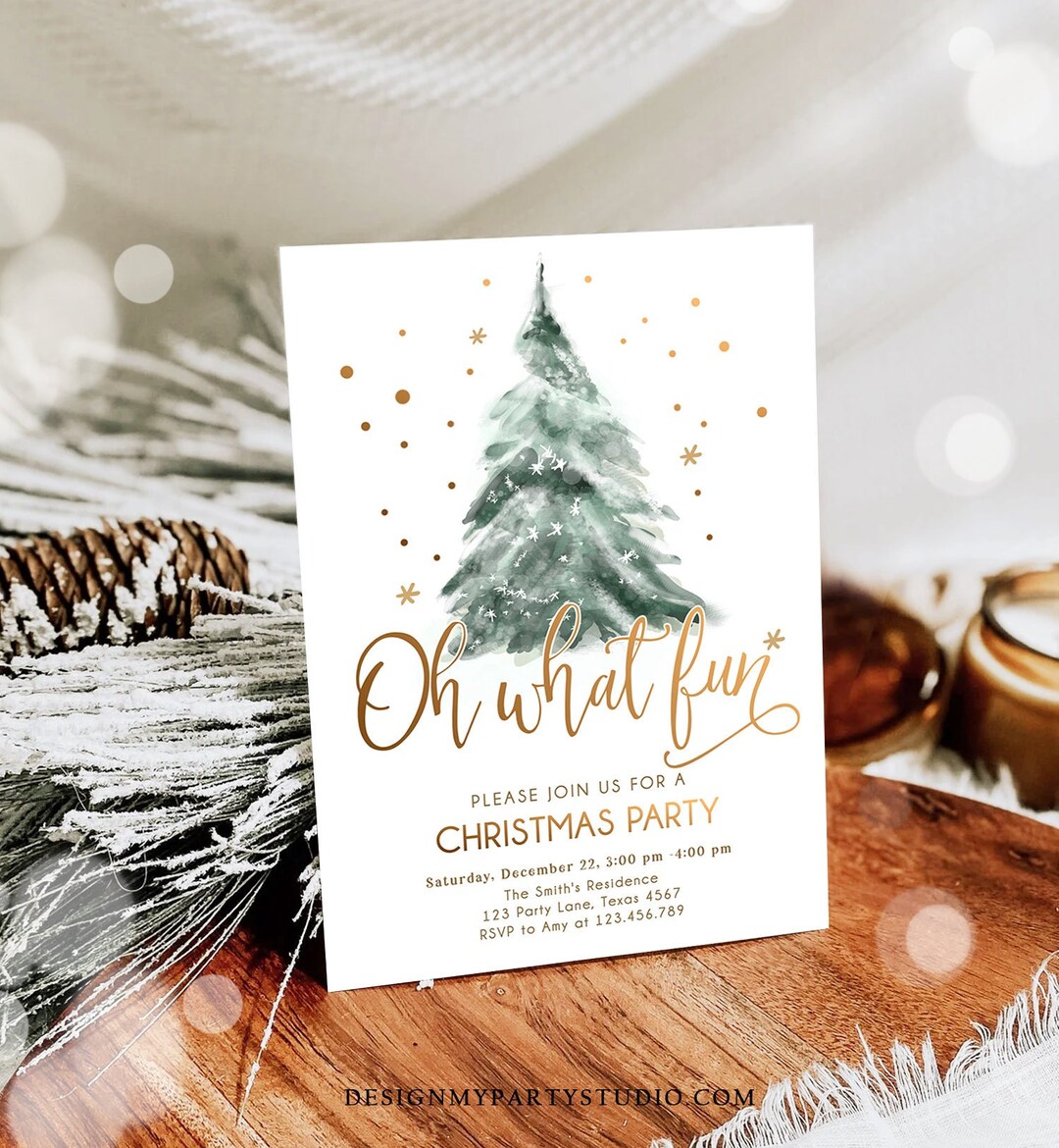 Editable Christmas Party Invitation Winter Tree Oh What Fun Invite ...