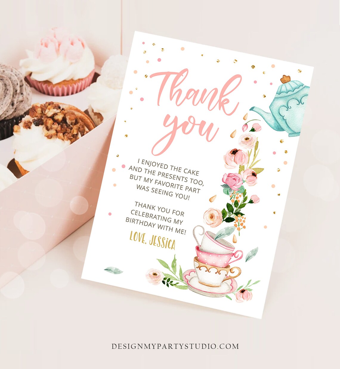 Editable Tea Party Thank You Card Floral Tea Birthday Baby Shower Girl ...