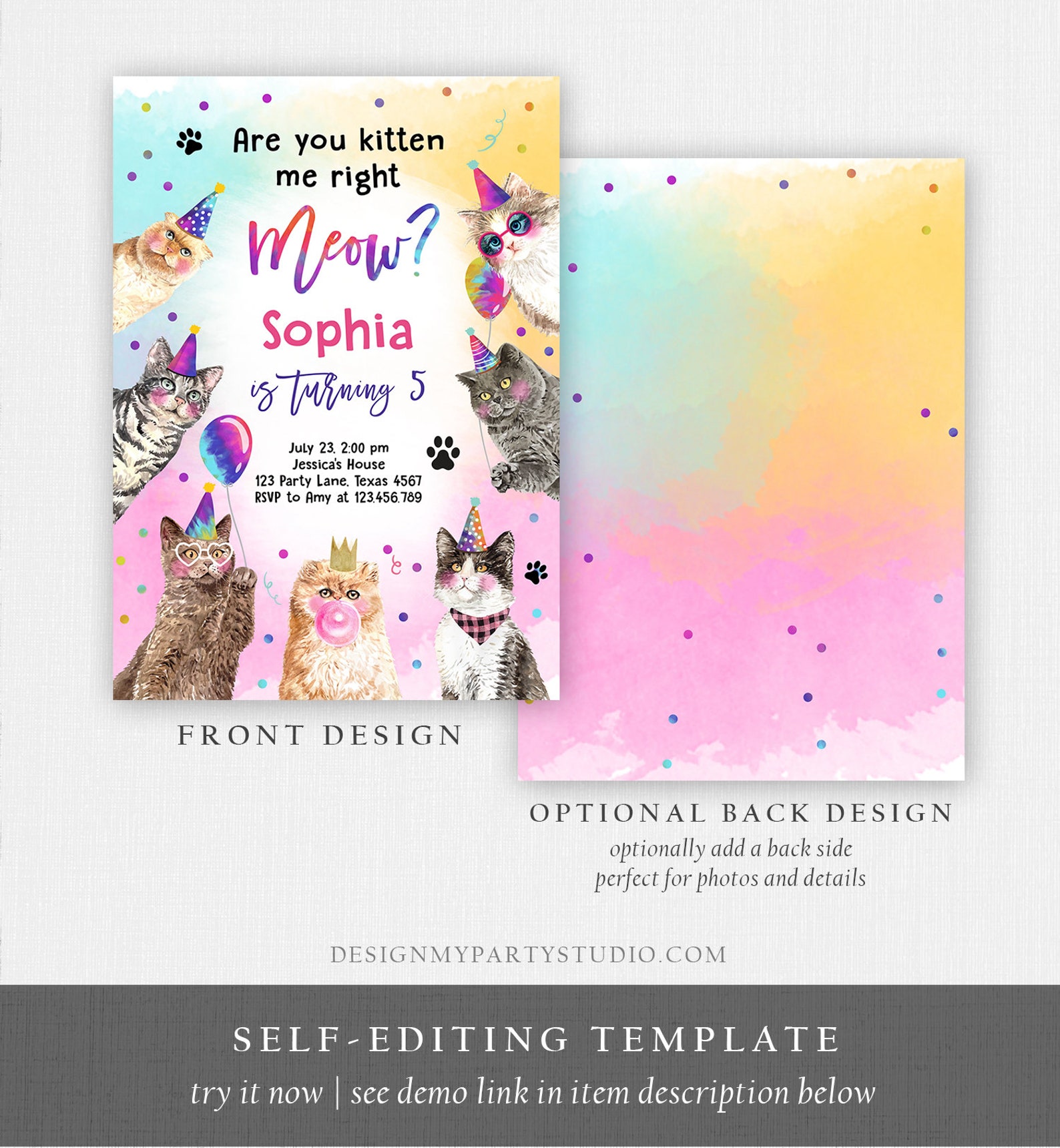 Editable Cat Birthday Party Invitation Kitten Birthday Invite Kitten Me ...