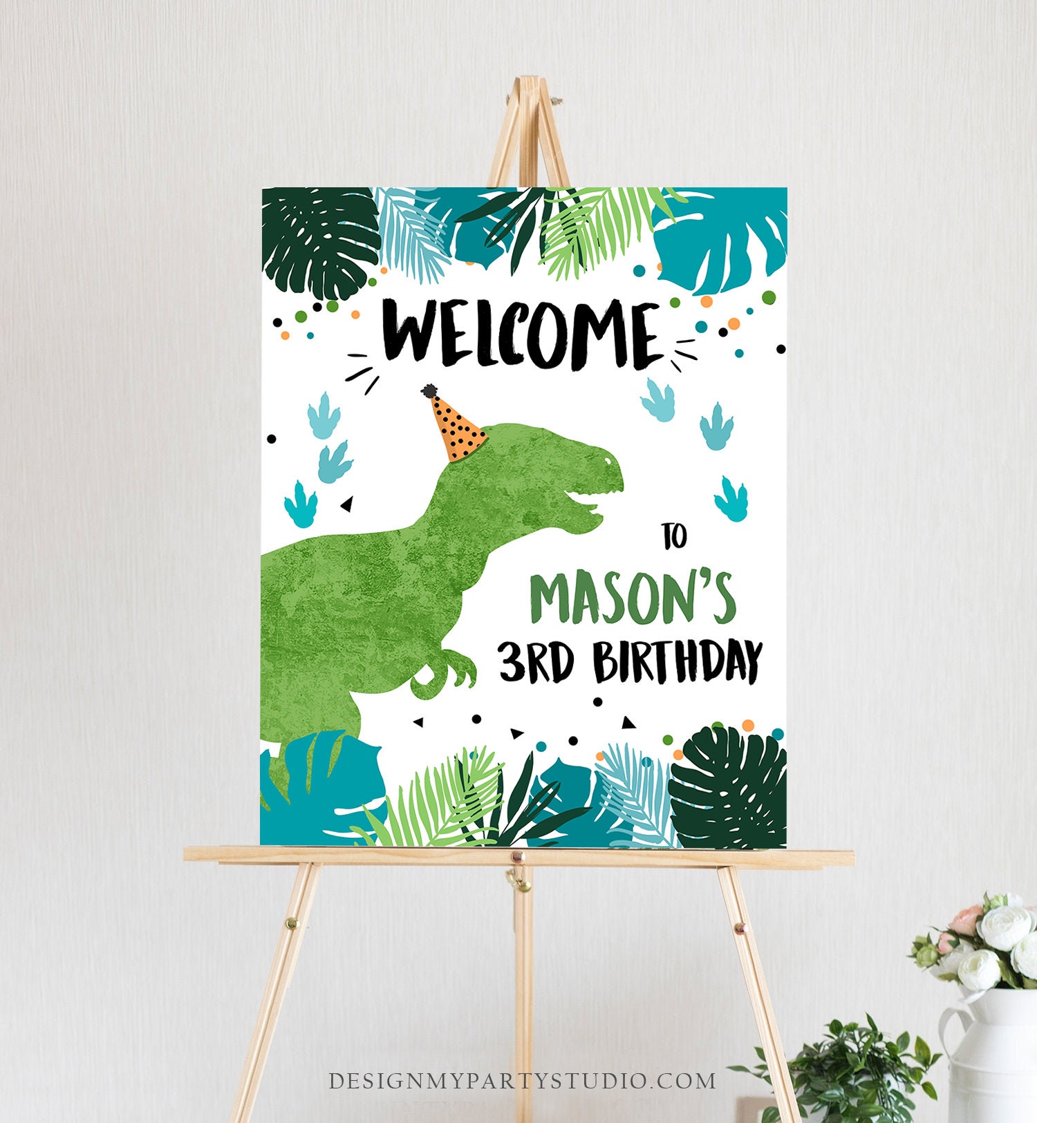Editable Dinosaur Welcome Sign Boy Green Blue Dino Dig Party - Etsy