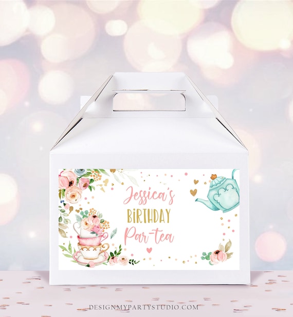 Editable Tea Party Gable Gift Box Label Tea Birthday Par-tea Girl Treat ...