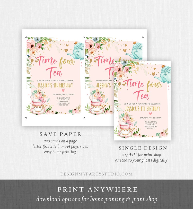 Editable Tea Party Birthday Invitation Four Par-tea Birthday - Etsy