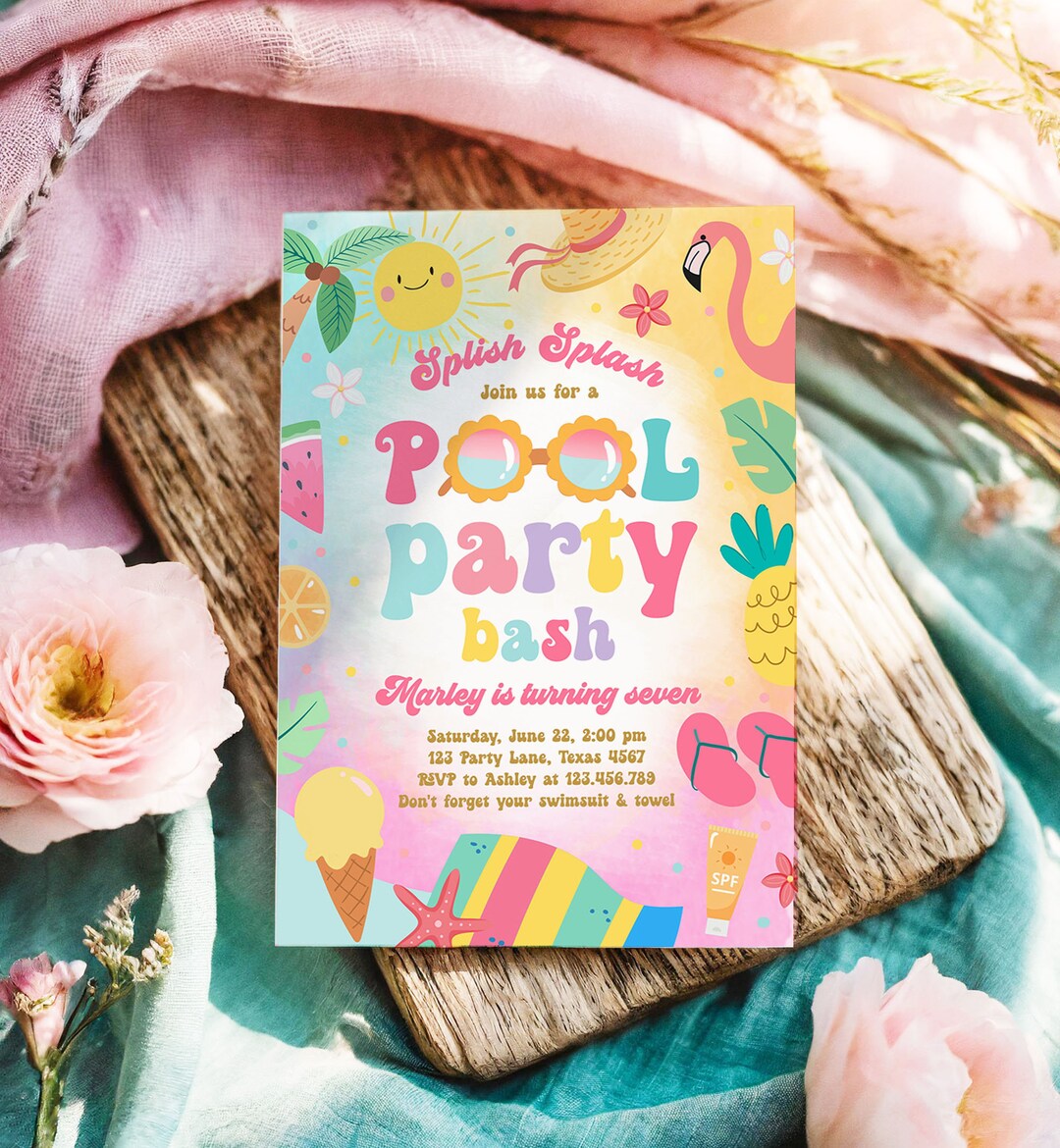 Editable Pool Party Birthday Invitation Splish Splash Girl Pool Party ...