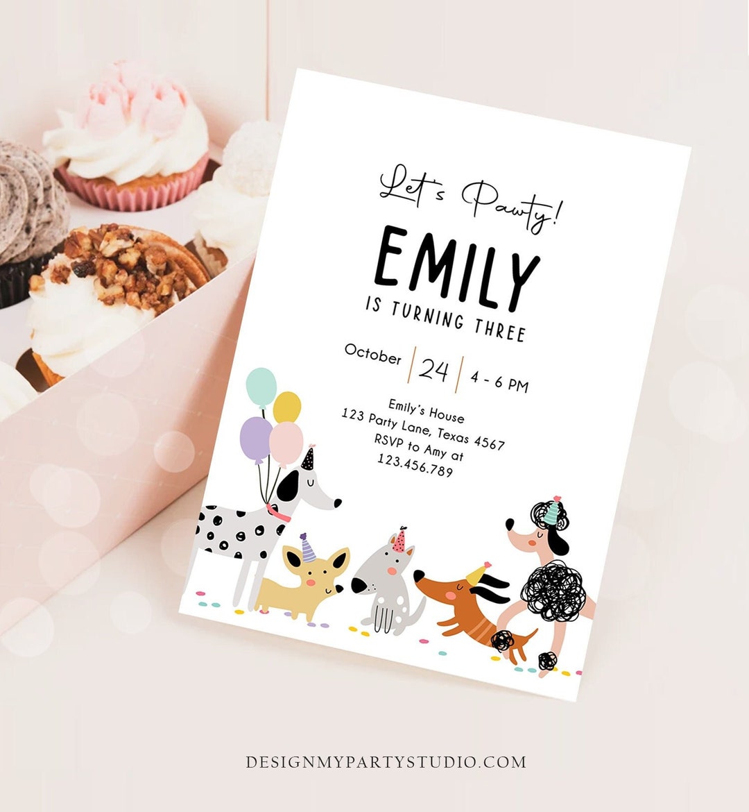 Editable Dog Birthday Party Invitation Puppy Birthday Invite Pink Girl ...