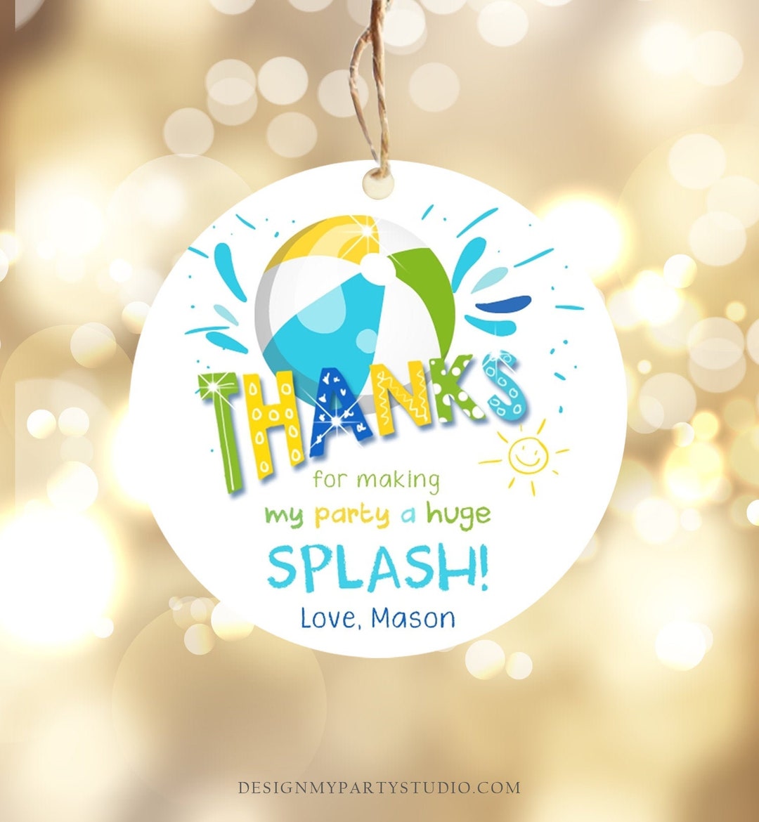 Editable Pool Party Thank You Tags Splish Splash Birthday Bash Green ...